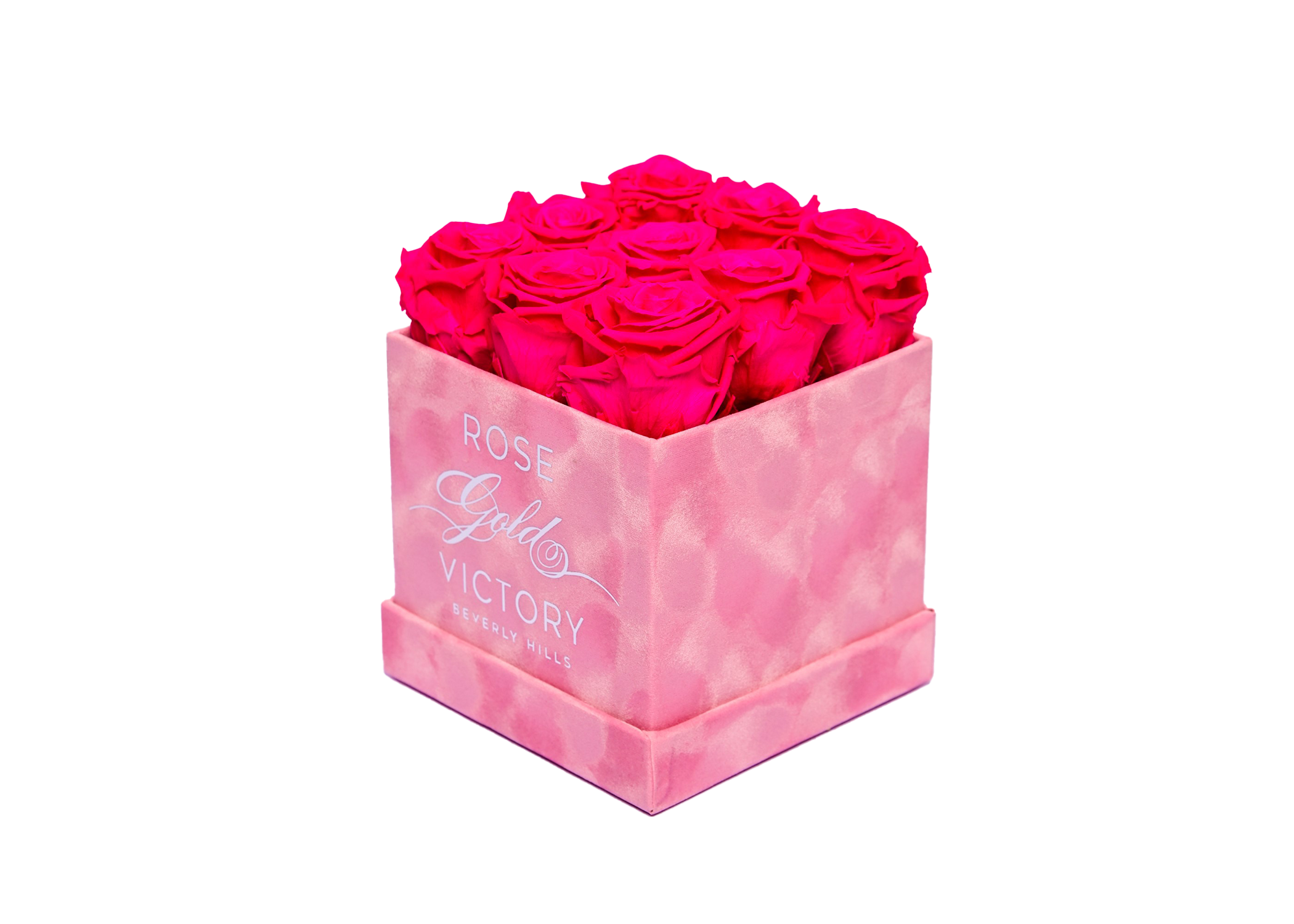 Hot Pink Roses in Pink Square Box (SM)– Rose Gold Victory