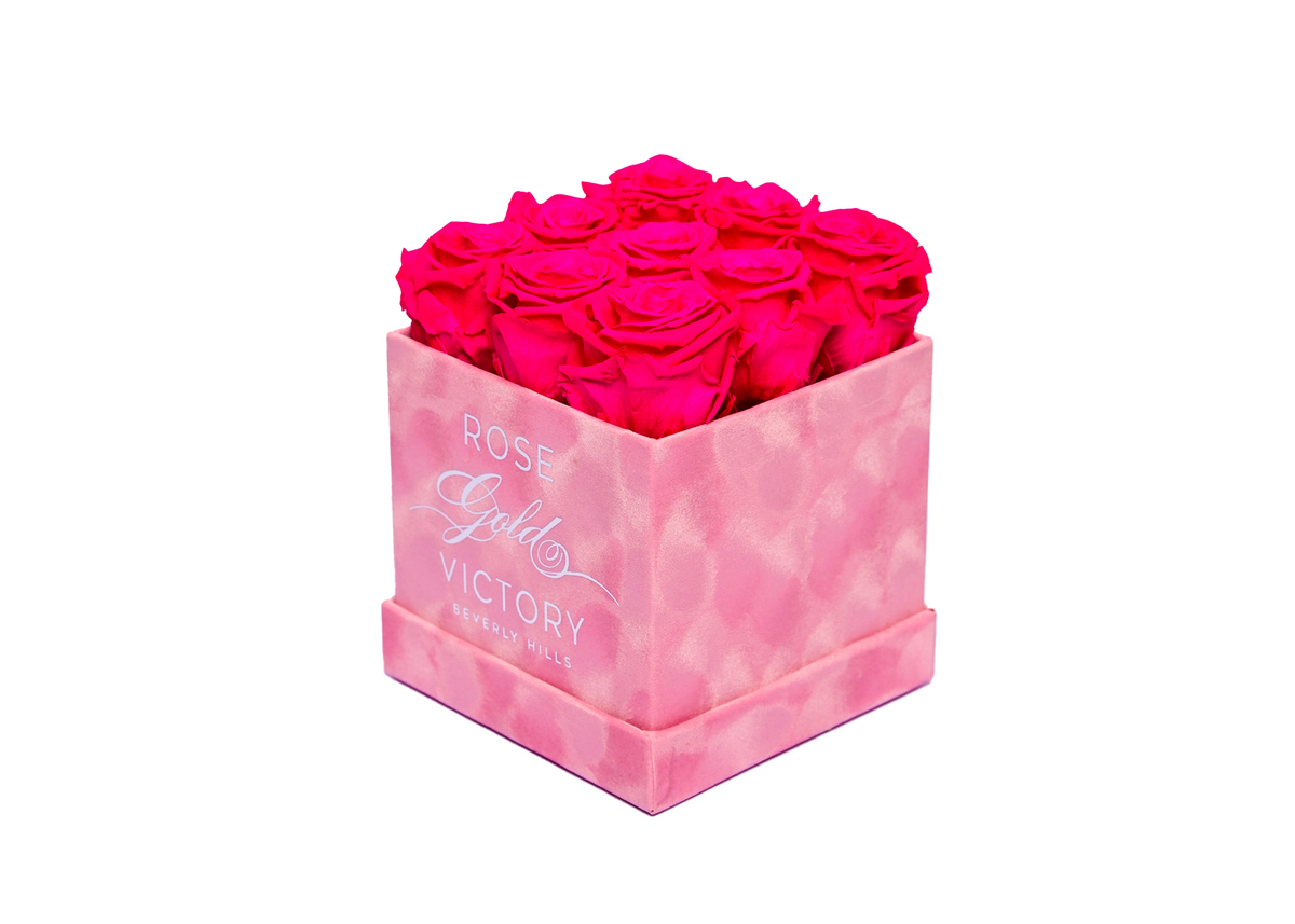 Hot Pink Roses in Pink Square Box (SM)– Rose Gold Victory