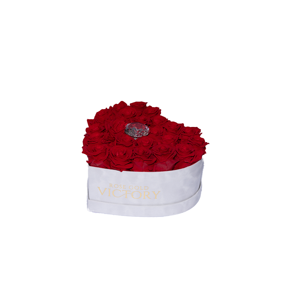 Red Roses in White Heart Box (LG)– Rose Gold Victory