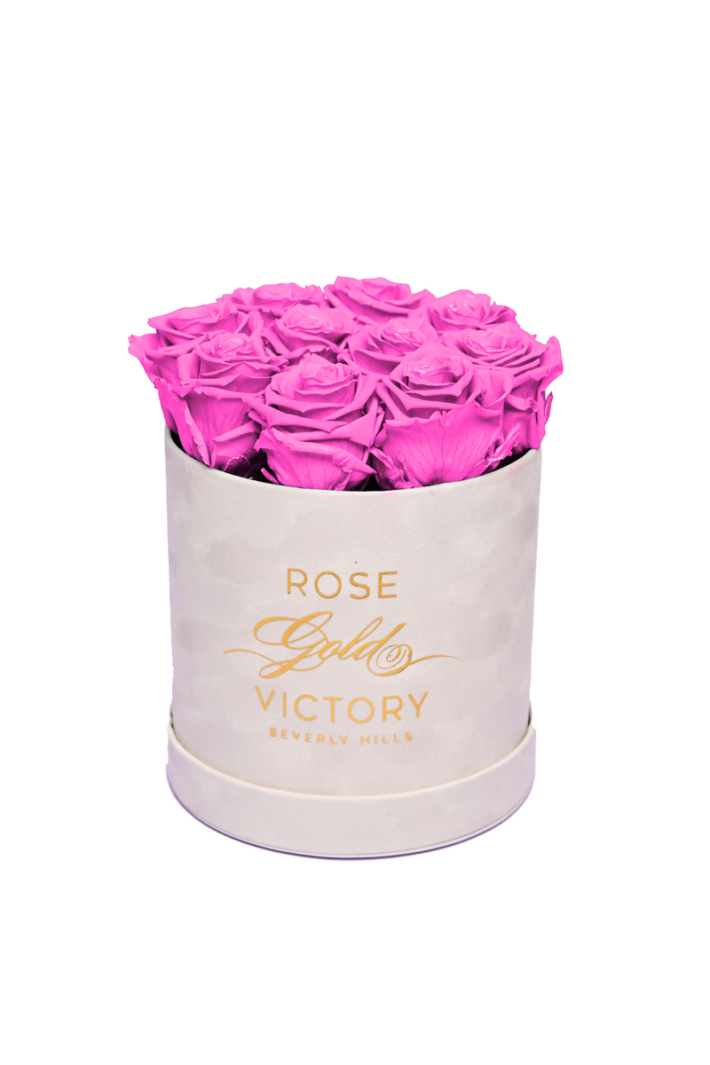 Hot Pink Roses in Round White Box (LG)– Rose Gold Victory