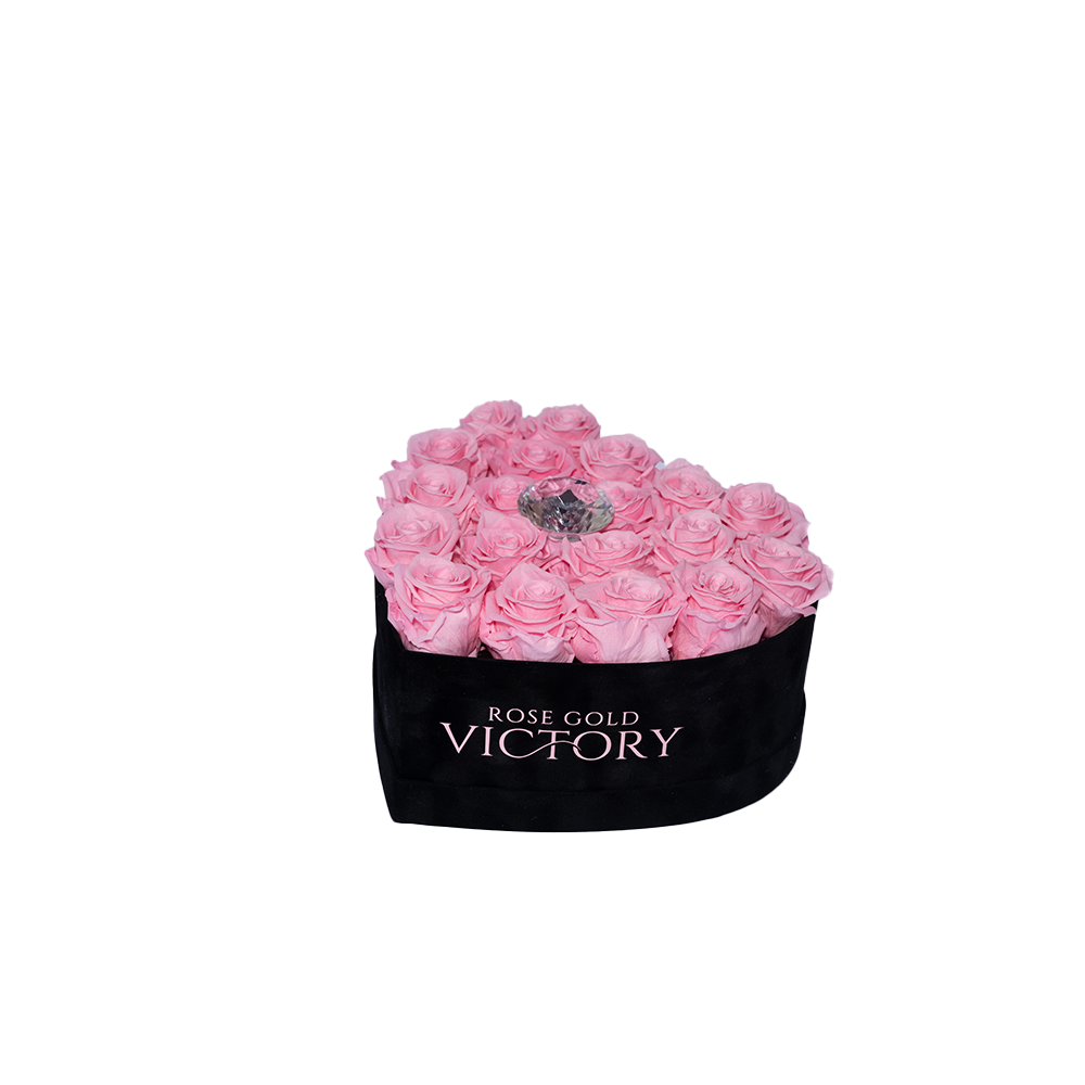 Pink Roses in Black Heart Box (MD)– Rose Gold Victory