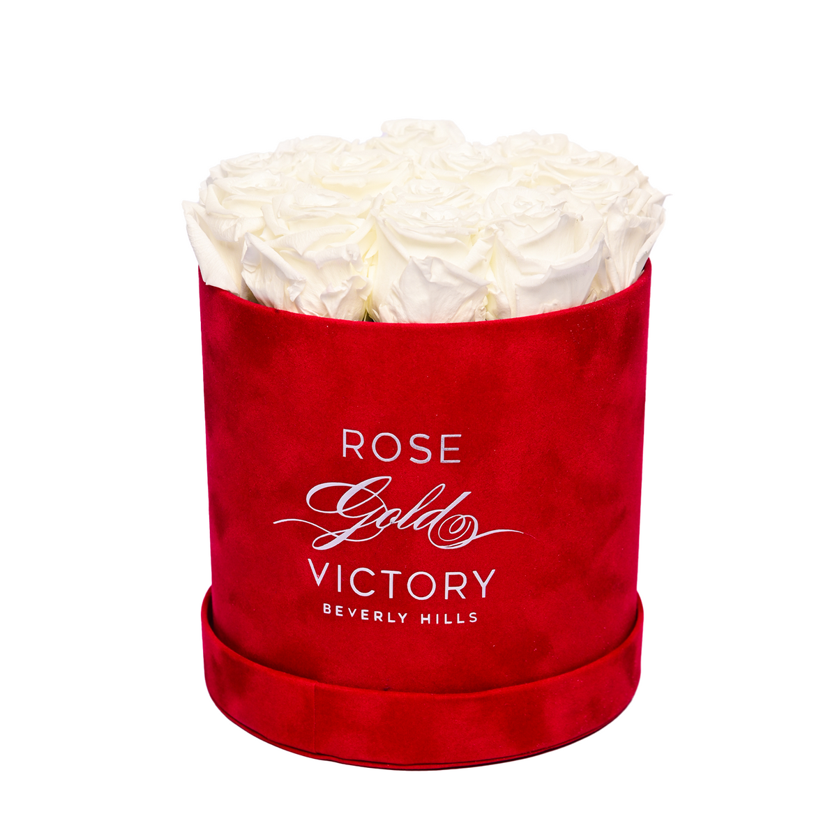 White Roses in Red Round Box (LG)– Rose Gold Victory