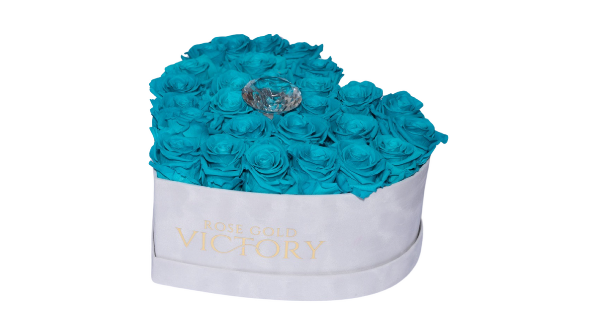 Tiffany Blue Roses in White Heart Box (LG)– Rose Gold Victory